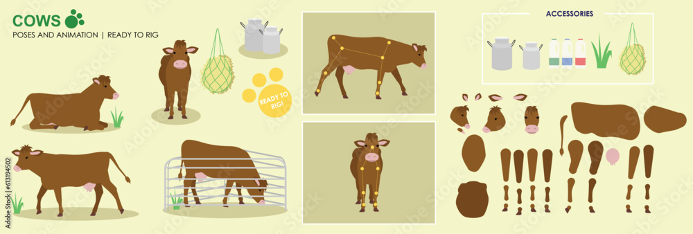 Brown cow ready to animate with multiple poses accessories. Vector file ...