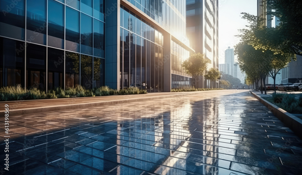 AI-rendered empty street in front of business center buildings Stock ...