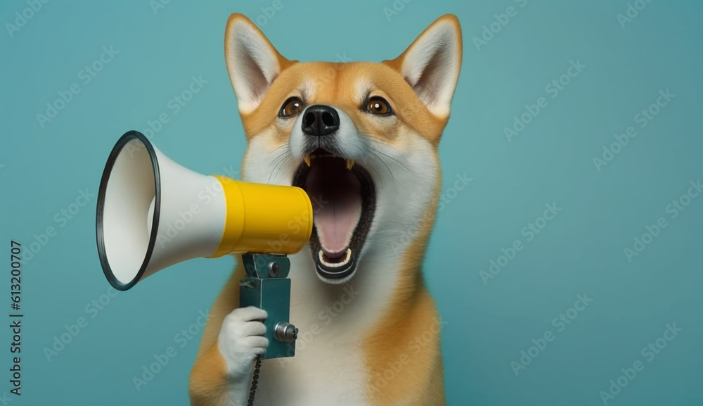 Funny cute dog, Shiba holds a yellow loudspeaker in its shouting and ...