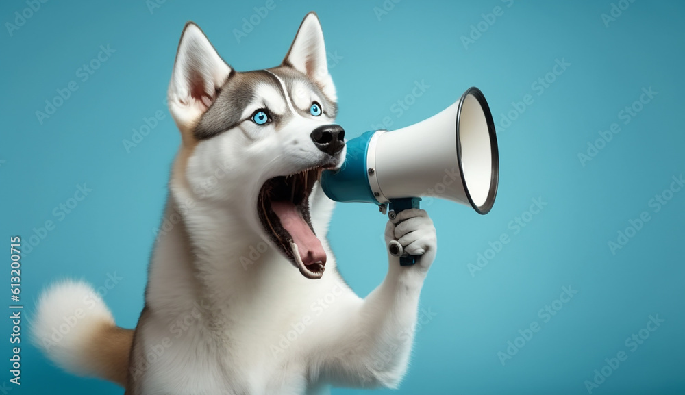 Funny cute dog, Shiba holds a yellow loudspeaker in its shouting and ...