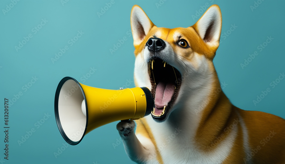 Funny cute dog, Shiba holds a yellow loudspeaker in its shouting and ...