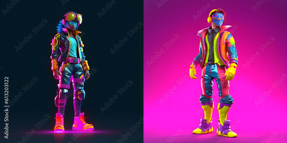3D cartoon metaverse set. Character in vibrant neon colors, a cyberpunk ...