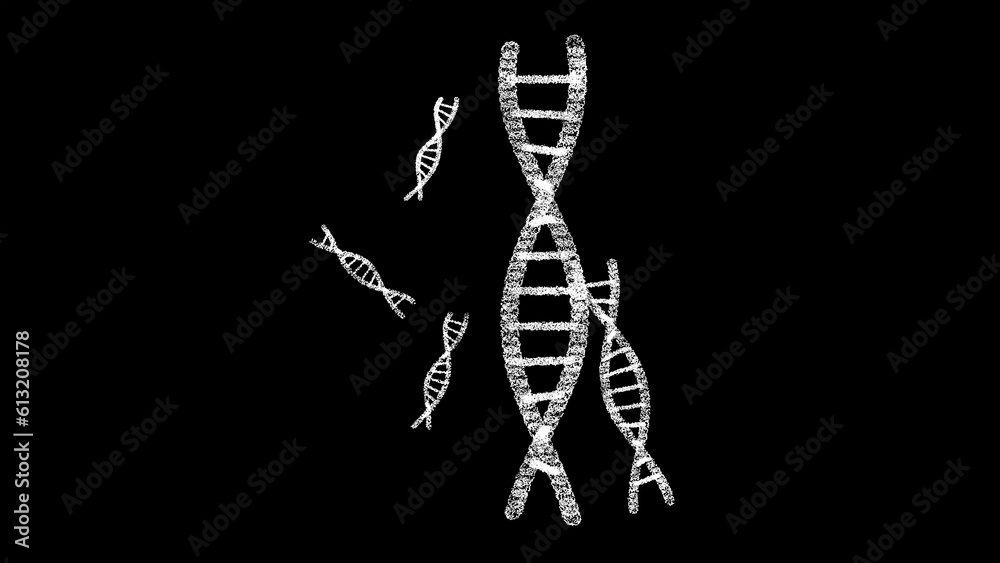 3D DNA helix on black bg. Object dissolved flickering particles ...