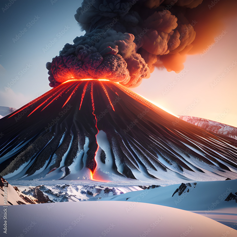 Powerful volcanic eruption. A huge bulge erupts in winter. generative ...