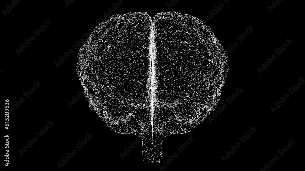 3D brain on black bg. Object dissolved flickering particles. Scientific ...