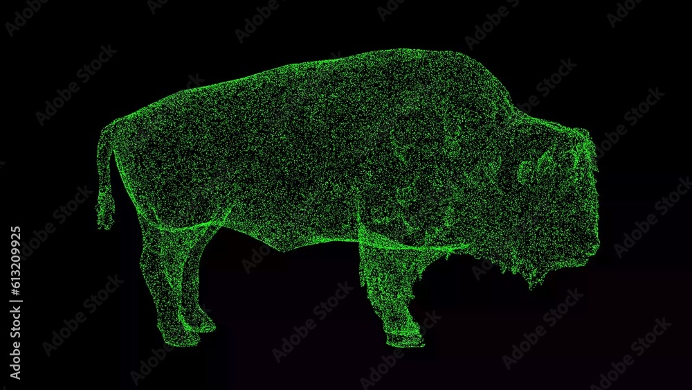 3D buffalo on black background. Object made of shimmering particles ...