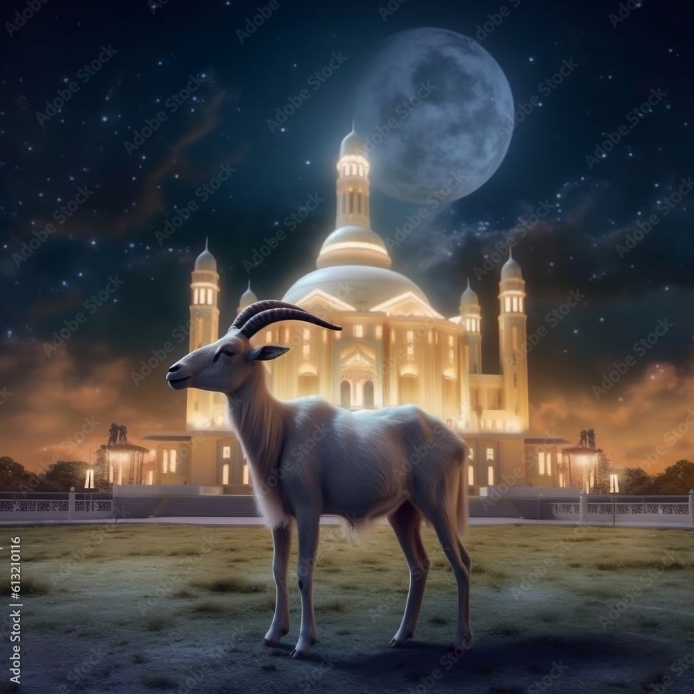 Eid al adha night moment with goat and mosque background Stock ...