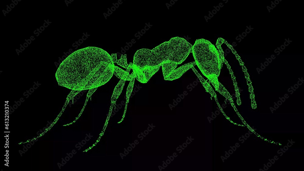 3D ant on black background. Object made of shimmering particles. Wild ...