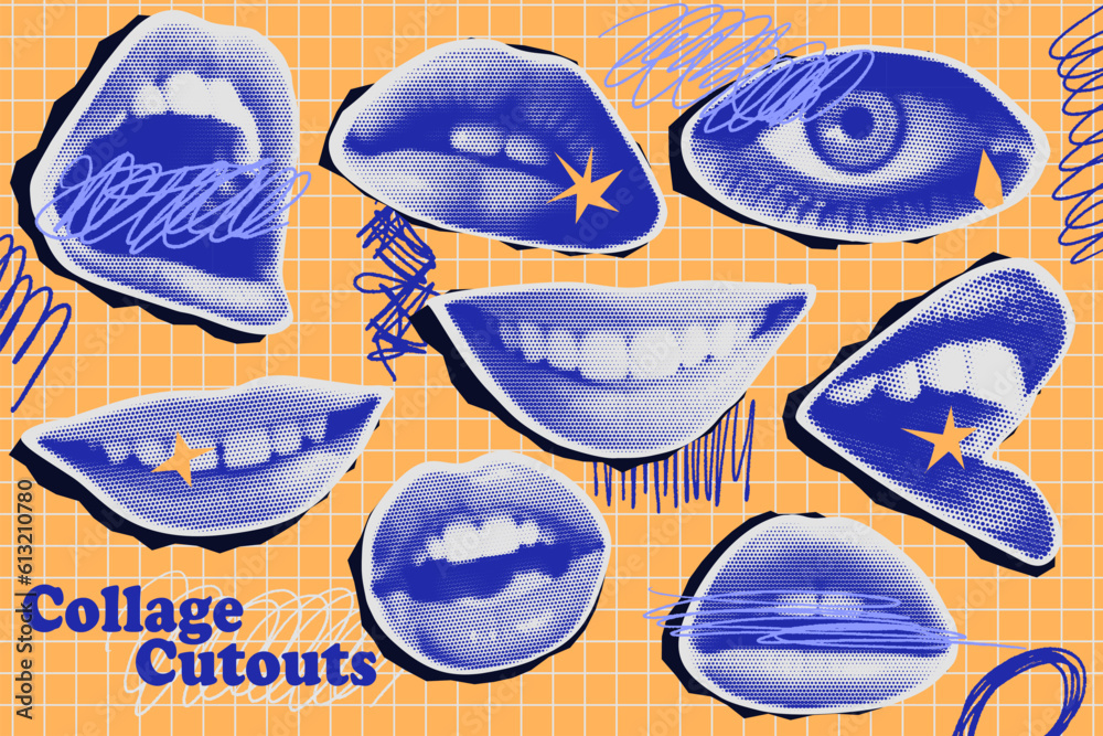 Vetor de Cutouts collage elements as woman lips and eye, scribble ...