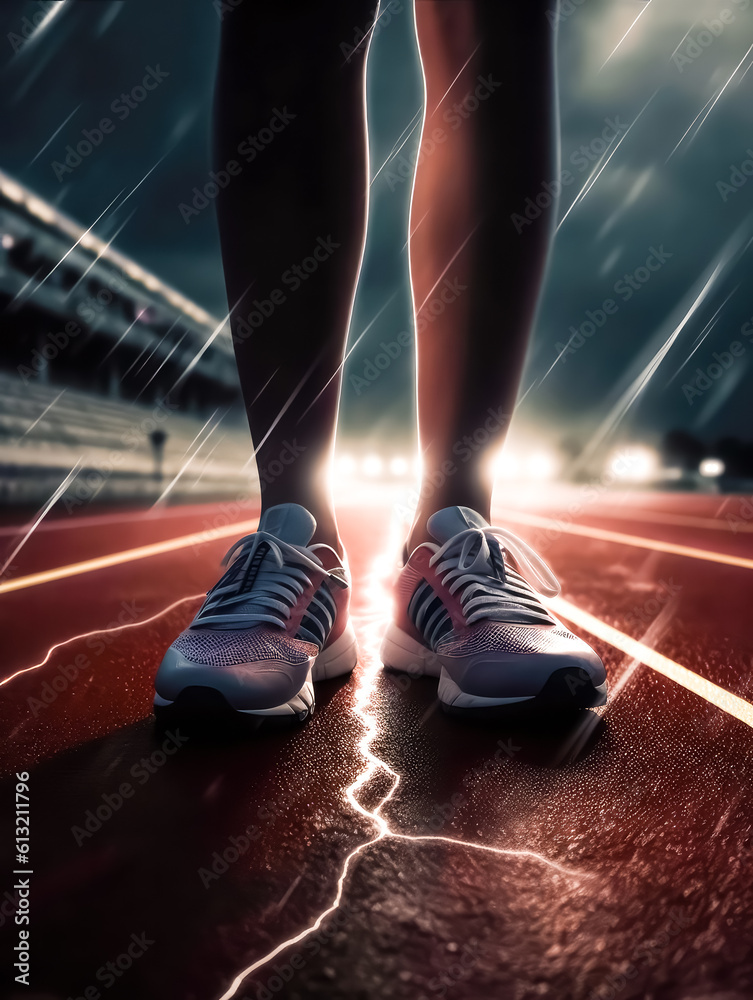 Runner foot on running track with Spark electric lightning on the ...
