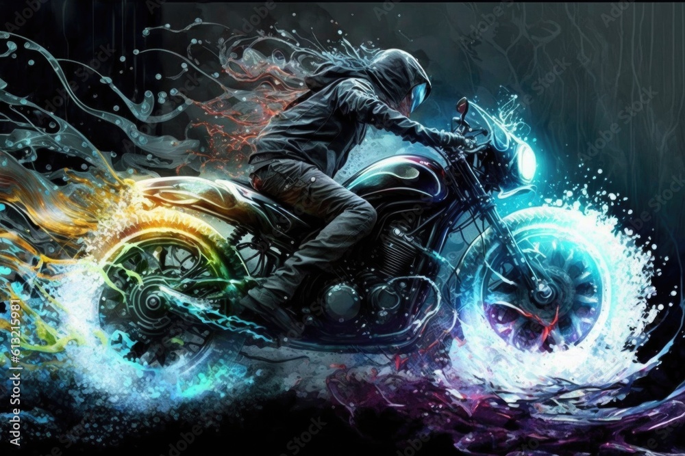 Motorcycle rider in helmet and sportswear riding motorcycle on paint ...