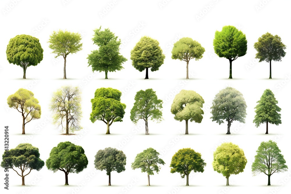 Collection of various types of trees like oak, spruce, dogwood, crape ...
