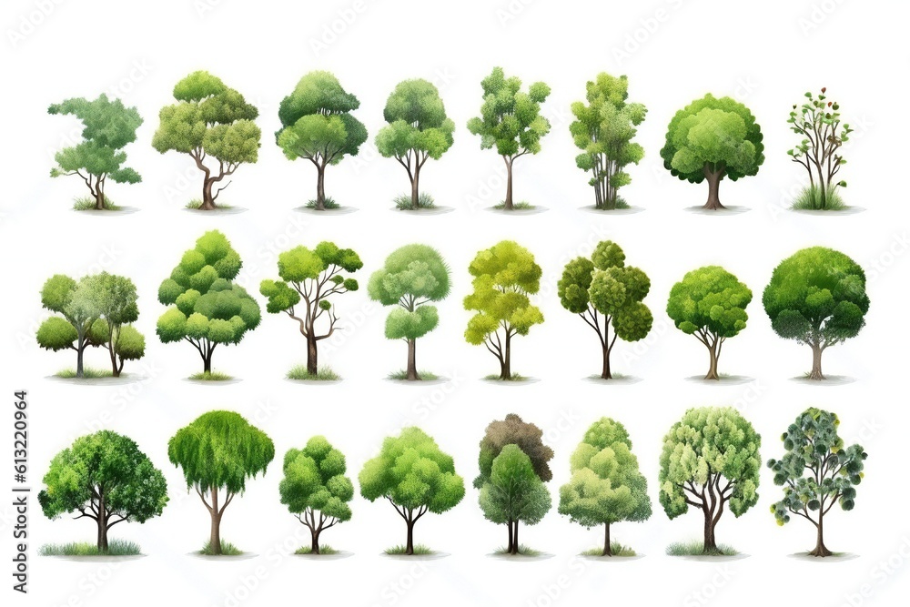 Collection of various types of trees like oak, spruce, dogwood, crape ...