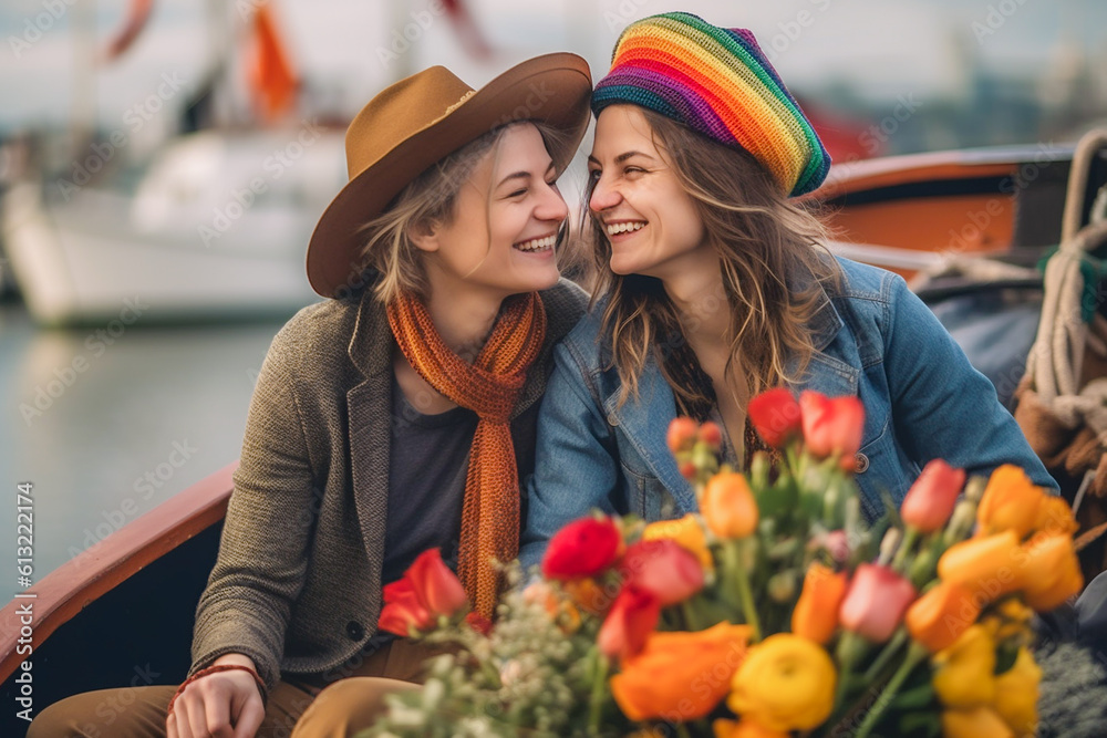 Beautiful generative ai lesbian couple in a boat in Amsterdam ...