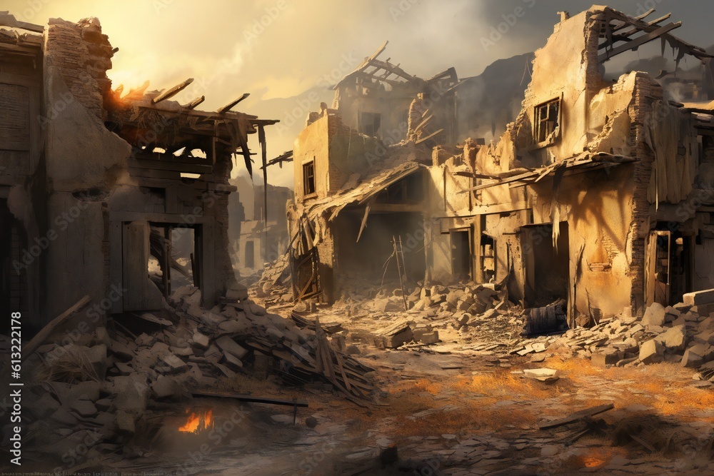 War torn village with destroyed old houses artwork related to Ukraine ...