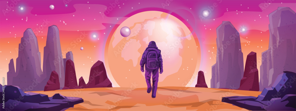 Space Mars game background, cartoon alien planet vector landscape ...
