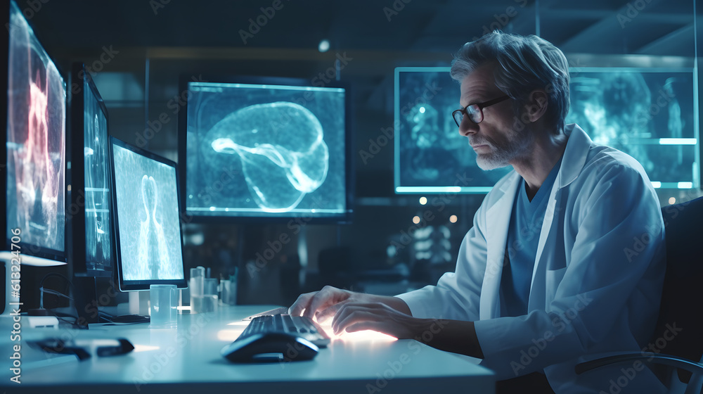Doctor reading mri brain scan on screen.Created with Generative AI ...
