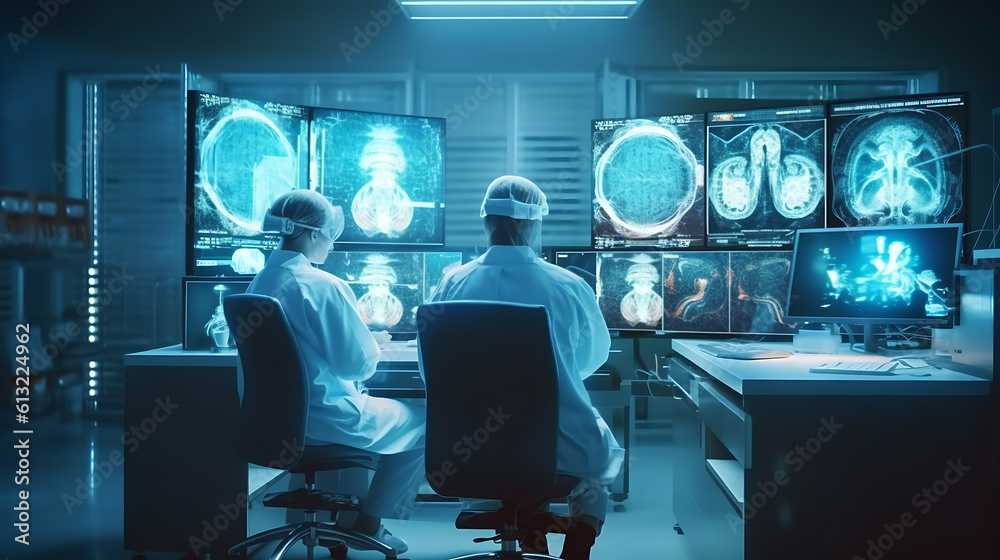 Doctors reading mri brain scan on screen.Created with Generative AI ...