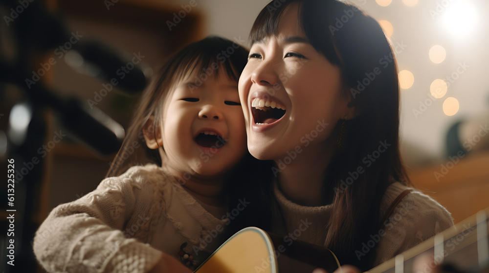 Mother and her little daughter singing while playing the guitar.Created ...