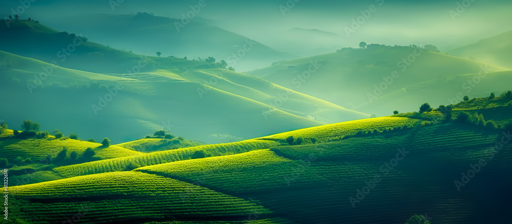 Abstract landscape of rain forest or evergreen forest with mountain ...