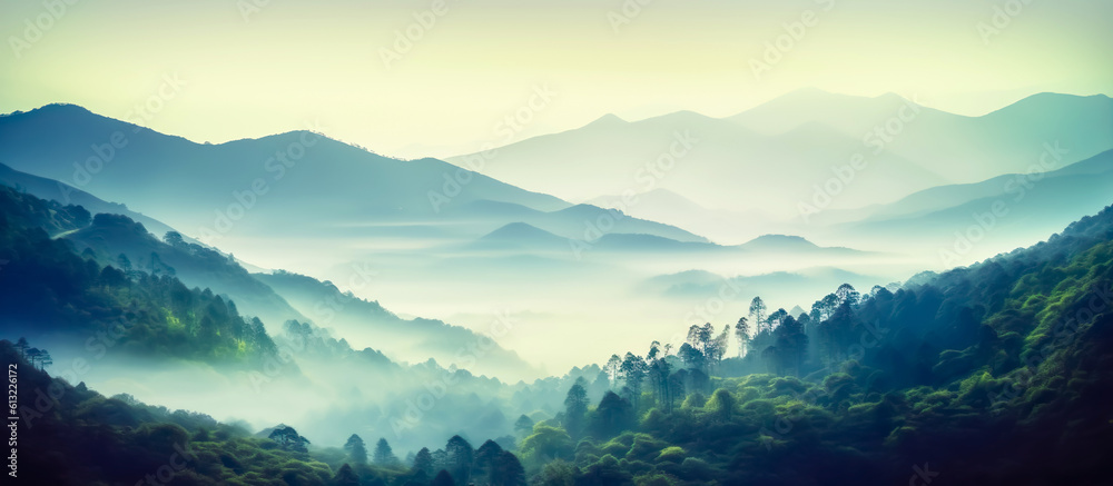 Abstract landscape of rain forest or evergreen forest with mountain ...