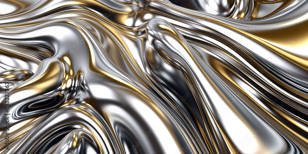 Close-up texture of liquid shiny metal in silver gray color with ...
