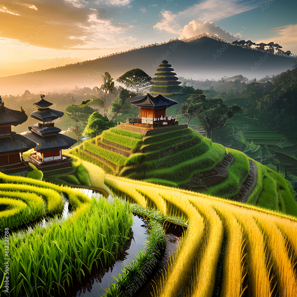Balinese temple on rice terraces. Rice fields in Bali, Indonesia ...