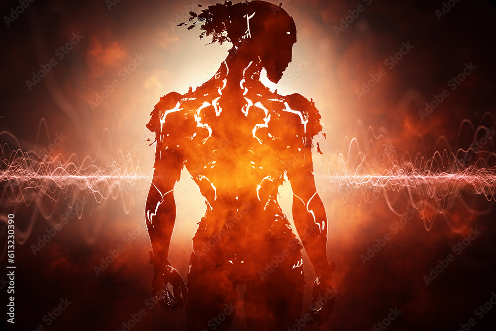 Futuristic dangerous human cyborg back view in fire flames. Created ...