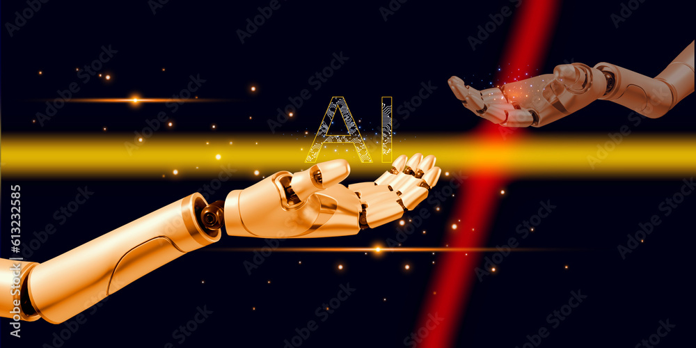 artificial intelligence robotic arm with AI algorithm on abstract ...