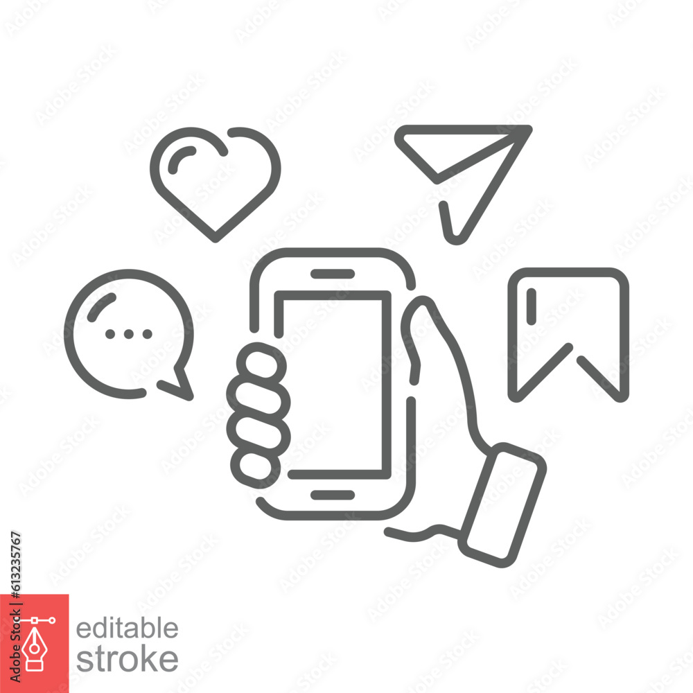 Hand holding phone with message, social media icon. Simple outline ...