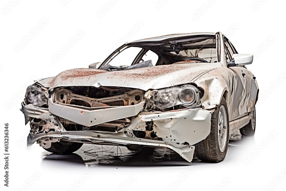 Car Wreck After Devastating Crash: Frontal View of Isolated White Car ...