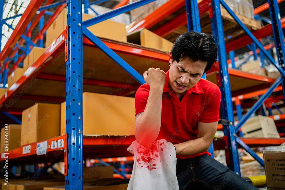 Male employee in a warehouse that has an accident. Broken arm. Arm pain ...
