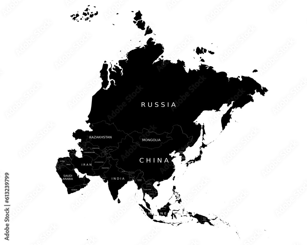 asian map, vector map of the asia with labels or country names Stock ...