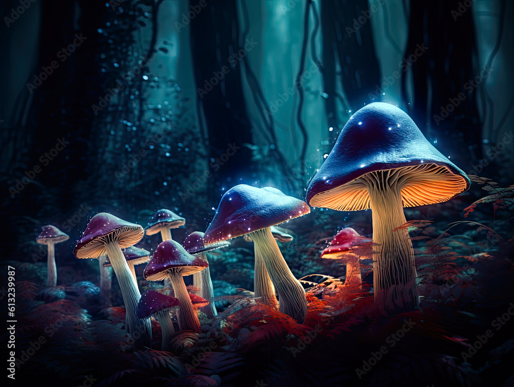 A magical scene unfolding in a mystical forest, where vibrant, glowing mushrooms add an ...