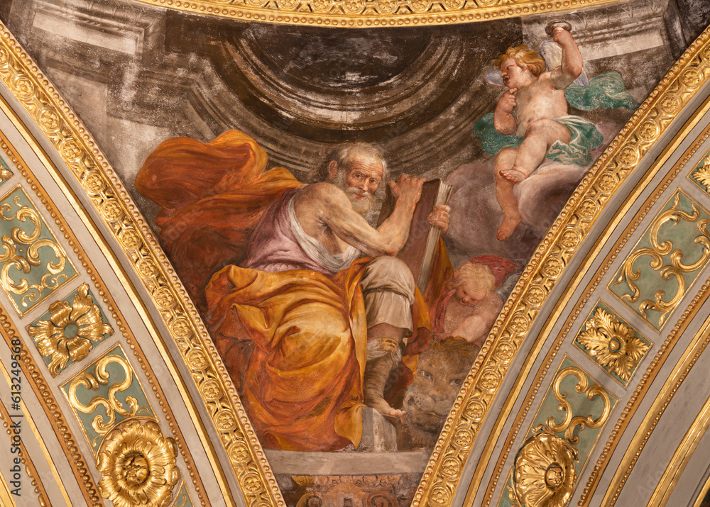 GENOVA, ITALY - MARCH 5, 2023: The fresco of St. Mark the Evangelist in ...