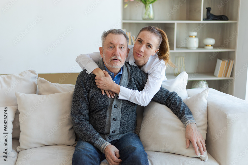 Happy family. Caring grown up daughter hugging loving older man father ...