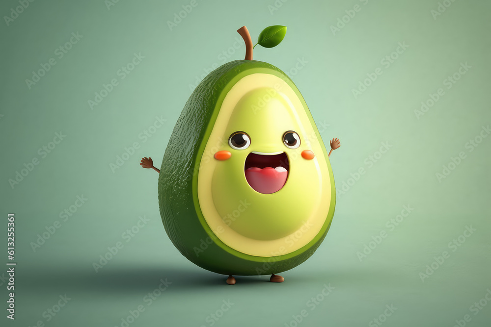 Cute green avocado slice 3d cartoon character. Half of ripe avocado ...