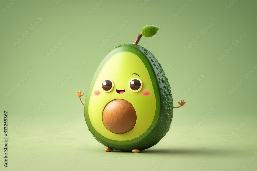 Baby avocado slice 3d cartoon character. Half of ripe avocado with eyes ...