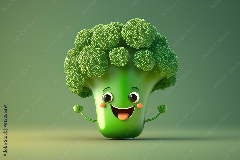 Cute green broccoli 3d cartoon character. Healthy broccoli vegetable ...