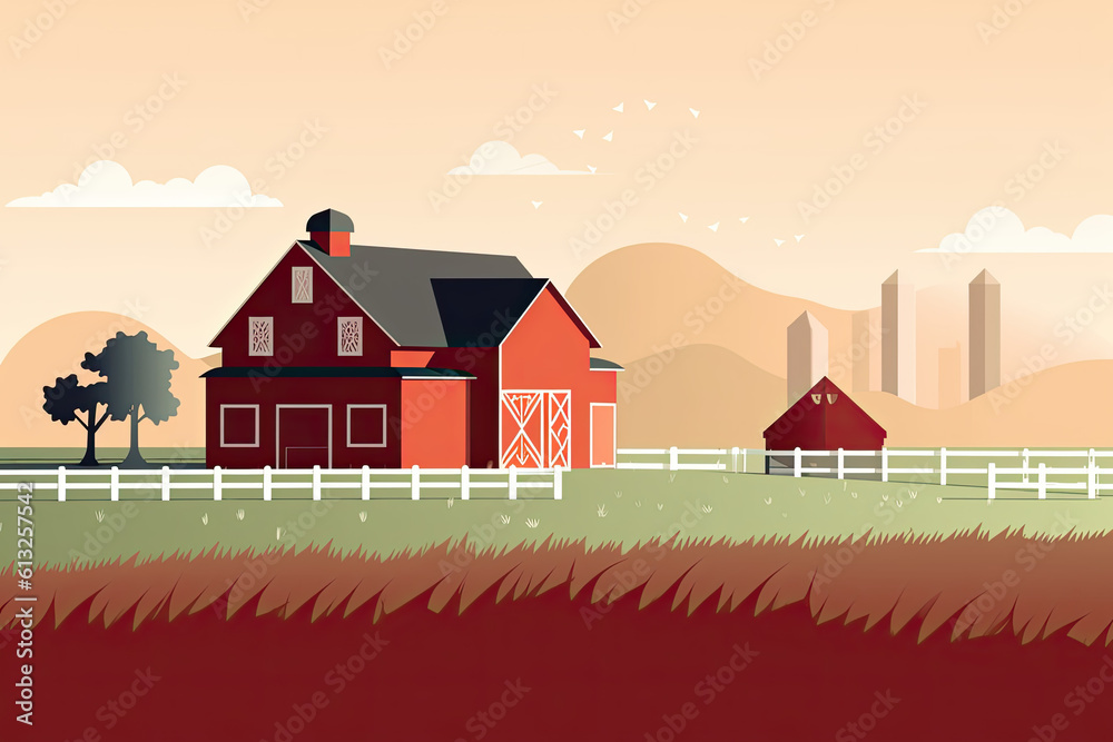 Simplistic Farm Scene for Generative AI: Red Barn, White Fence, and ...