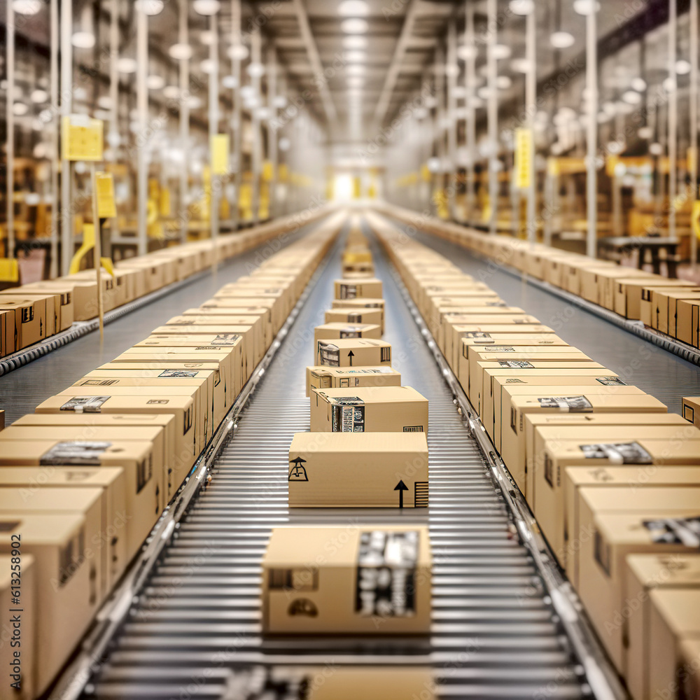 Conveyor with boxes for delivery in automated warehouse. Cardboard ...