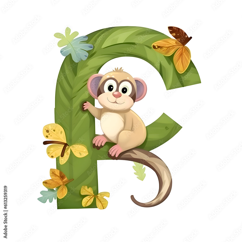 Font design for letter R with cute monkey and butterflies. Vector ...