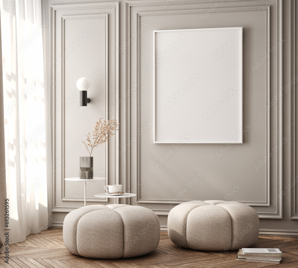 Mockup poster frame on the wall of living room. Luxurious apartment ...