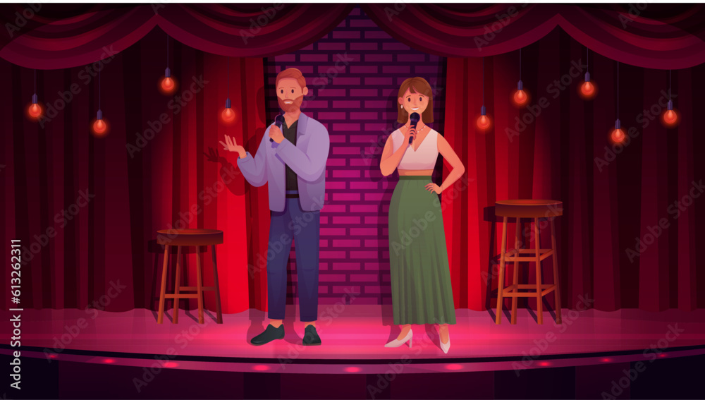 Standup, comedy show with comedians couple with mic on stage vector ...