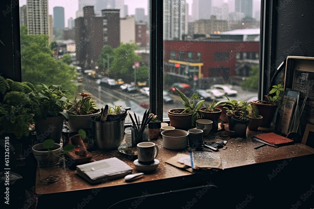 View from a plant-cluttered desk out a window into a rainy city ...