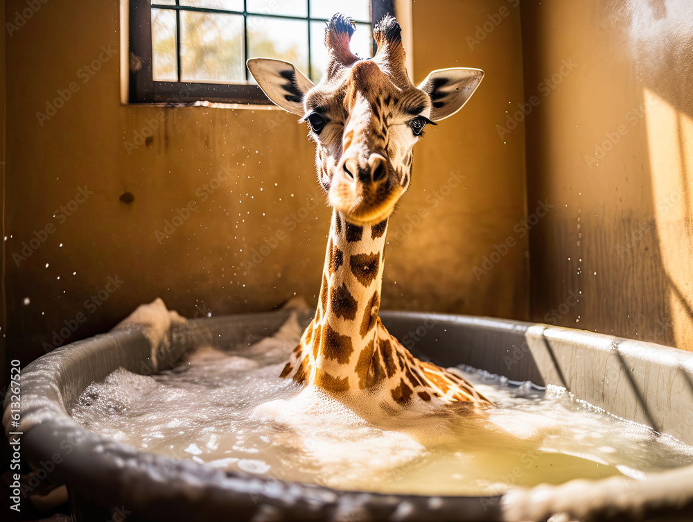 giraffe character. giraffe takes a bath and drinks from a glass ...