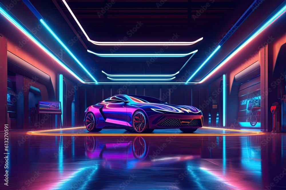 A Futuristic Car Showroom: Generative Dais & Neon LED Lights Glow in an ...