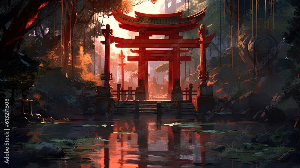 anime style shinto shrine in a jungle, glowing pond. generative AI ...