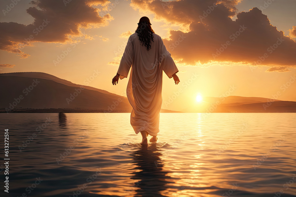 Jesus Christ in water lit by morning sun, back view ai generative Stock ...