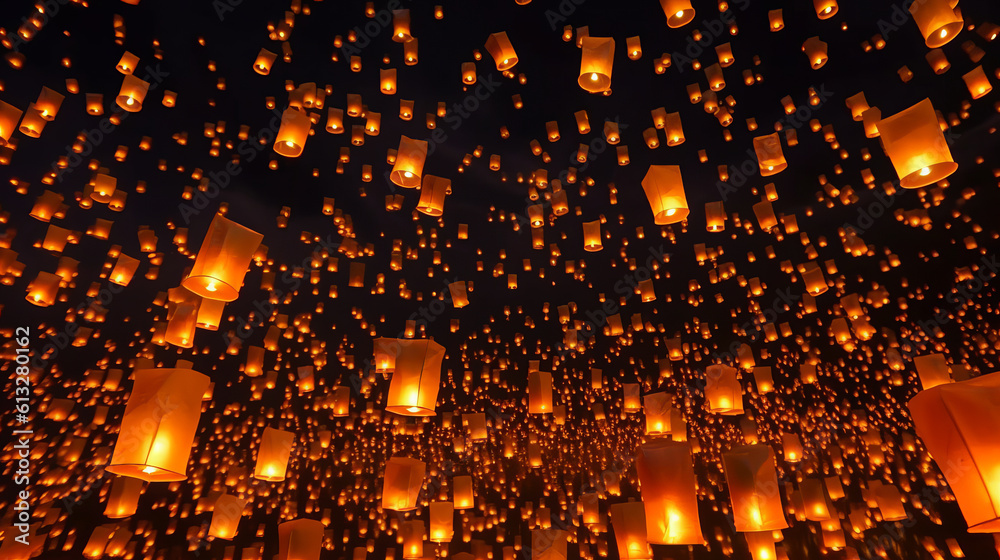 Traditional fire lanterns being released into the night sky during the ...